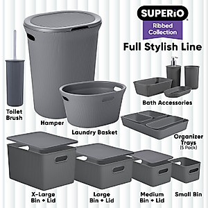 Superio Ribbed Collection - Decorative Plastic Open Home Storage Bins Organizer Baskets, Small Grey (2 Pack) Container Boxes for Organizing Closet Shelves Drawer Shelf 1.5 Liter