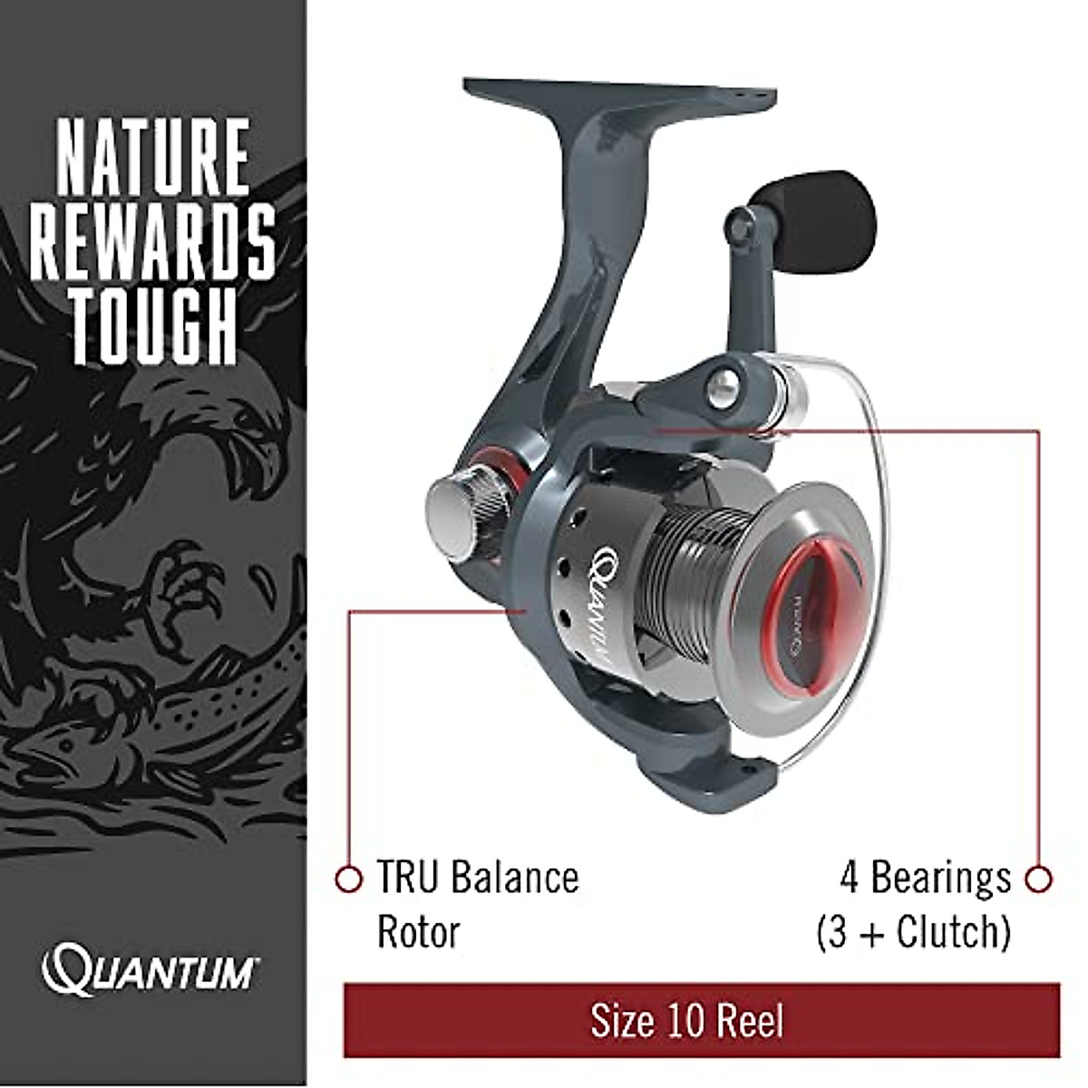 Quantum Optix Spinning Fishing Reel, Size 10 Reel, Changeable Right- or Left-Hand Retrieve, Aluminum Spool, Stainless Steel Bail Wire, 5.2:1 Gear Ratio, Silver, Clam Packaging