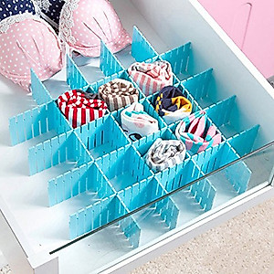 NewFerU Drawer Organizer Grid Dividers X 32, Adjustable Plastic DIY Partition Separators, Storage Box Tidy Inserts for Underwear Sock Bra Tie Scarf Tshirt Ornament Makeup Kitchen Cutlery (Blue)