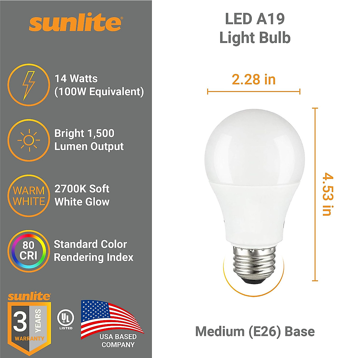 Sunlite LED A19 Light Bulbs, 15 Watts (100W Equivalent), 120V, 1500 Lumens, Standard E26 Base, Non-Dimmable, 220 Degree Beam Angle, ETL Listed, 4000K Cool White, 3 Pack