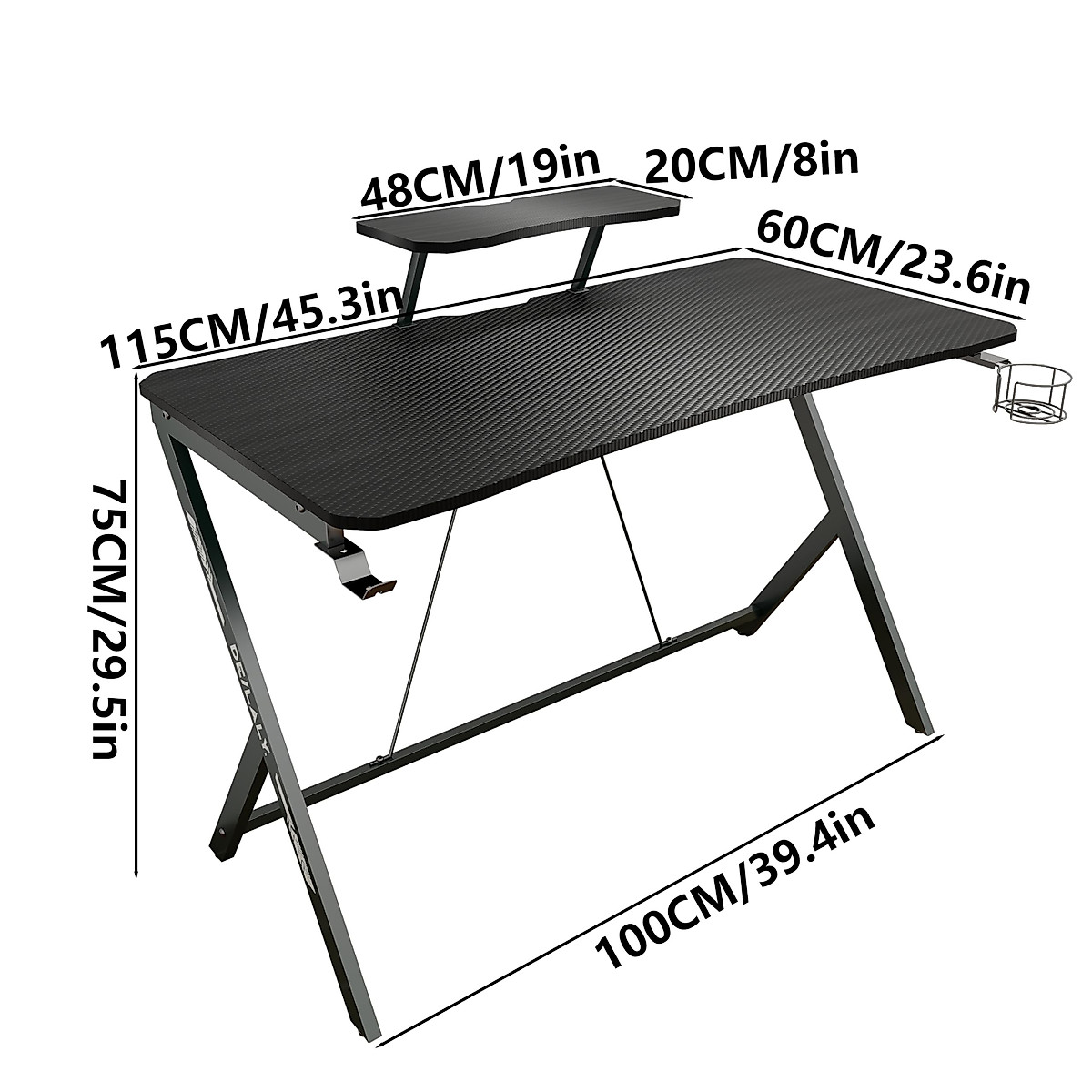 DEILALY 45IN Gaming Desk Gamer Table Carbon Fiber Surface Computer Table Gamer Desk with Monitor Shelf Office Home Study Desk Work PC Table Steel Legs Corner Desk Black