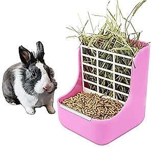 2 in 1 Food Hay Feeder for Guinea Pig, Rabbit, Indoor Hay Feeder for Guinea Piggies, Bunnies, Chinchilla, Feeder Bowls for Grass and Food, Pink