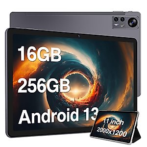 2024 Newest 11 inch Tablet Android 13 Tablets 16GB RAM 256GB ROM 1TB Expand, 2K 2000 x 1200 Display, Octa-Core, 13MP Triple Camera, 8600mAh, Quad Speakers, 5G/2.4G WiFi, GPS,Bluetooth,with Case -Grey