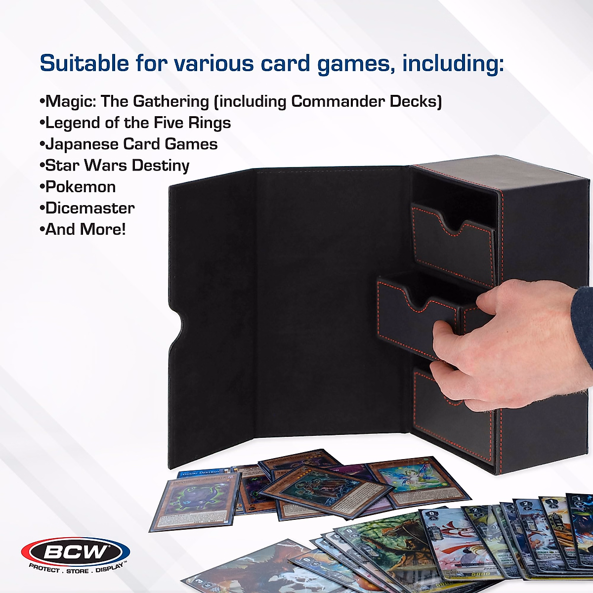 BCW Deck Vault-LX 200 - Black | Premium Card Deck Box with 100 Sleeved Card Capacity, Magnetic Closure, and Dice Tray | For Magic Commander, Pokemon