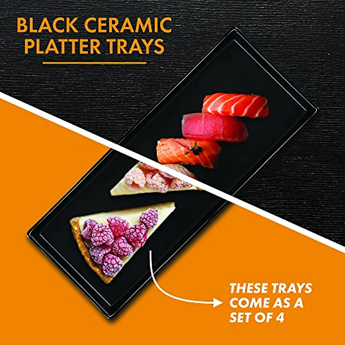 Bruntmor Matte Black Ceramic Serving Platters (14 X 6 Inch Rectangle Plates) Serving Dishes for Entertainment, Food Appetizers, Deserts, Starter, Charcuterie, Sushi Set of Party Tray - Set of 4