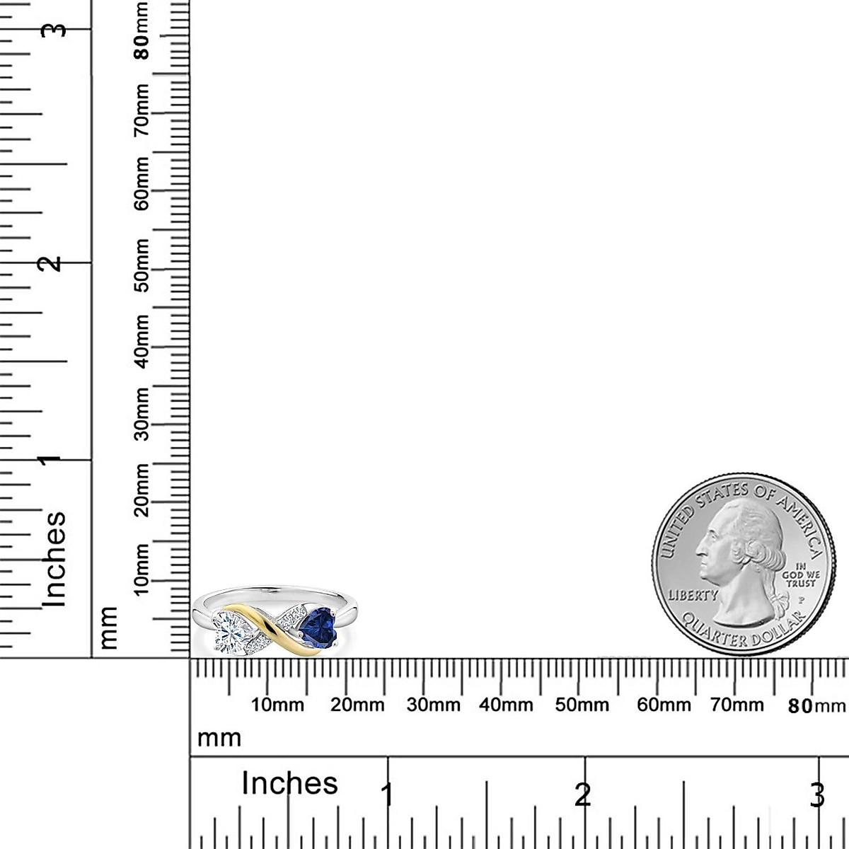 Gem Stone King 925 Sterling Silver and 10K Yellow Gold Blue Created Sapphire and White Moissanite (0.96 Cttw, Heart 5MM, Available In Size 5, 6, 7, 8, 9)