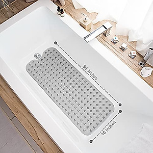 TEESHLY Bathtub Mats for Shower Tub Extra Long Non-Slip Bath Mat, 39 x 16 Inch Shower Mat with Drain Holes and Suction Cups, Bath Tub Mat for Bathroom with Machine Washable (Clear Grey)