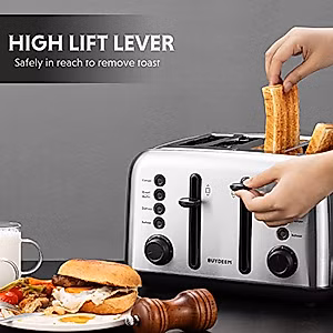BUYDEEM DT640 4-Slice Toaster, Extra Wide Slots, Retro Stainless Steel with High Lift Lever, Bagel and Muffin Function, Removal Crumb Tray, 7-Shade Settings (Stainless Steel)