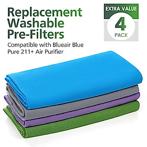 isinlive 4 Pack Replacement Washable Pre-Filters Compatible with Blueair Blue Pure 211+ Air Purifier, Removes Pollen, Dust, Pet Dander and Other Airborne Particles（Blue, Grey, Green, Purple)