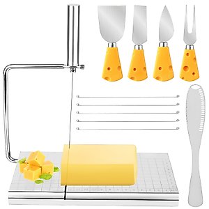 Stainless Steel Cheese Slicer with Accurate Size Scale Includes Wire Cheese Slicer, 5 Replacement Wires Cheese Cutters and 4 Mini Stainless Steel Cheese Knives Butter Knife & Fork for Cheese Butter