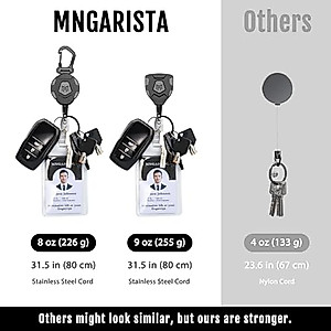MNGARISTA Heavy Duty Retractable Keychain, Belt Clip Ver. & Carabiner Ver., 8 oz Retraction, 31.5" Steel Rope, Tactical ID Badge Reel with Key Chain Retractor, 2-Pack