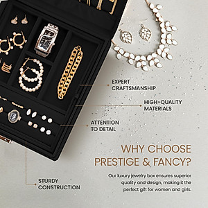 Prestige & Fancy 2 Layer Woman Jewelry Box, Jewelry Organizer For Woman, Men & Girls Large Case 8.5x7.5x3.3in | PU Leather Black Jewelry Gift Storage Boxes For Ring, Necklace & Bracelet With Lock