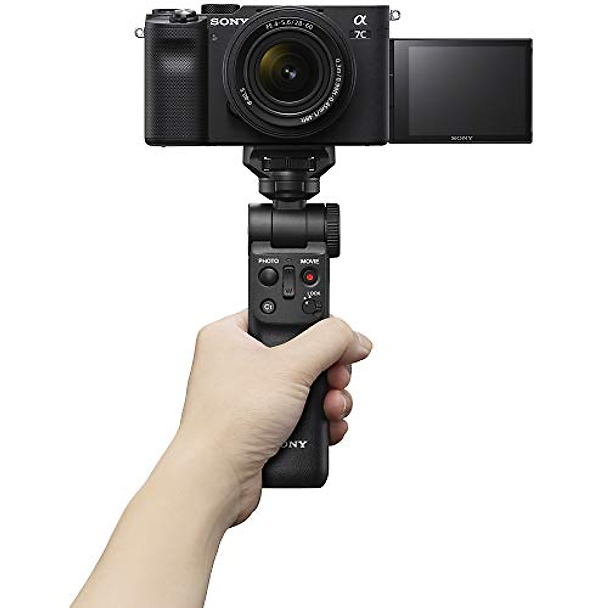 Sony a7C Mirrorless Full Frame Camera Body with 28-60mm F4-5.6 Lens Black ILCE7CL/B Bundle + Vlogger Kit ACCVC1: GP-VPT2BT Shooting Grip w. Wireless Remote + 2X Battery + Deco Gear Bag & Accessories