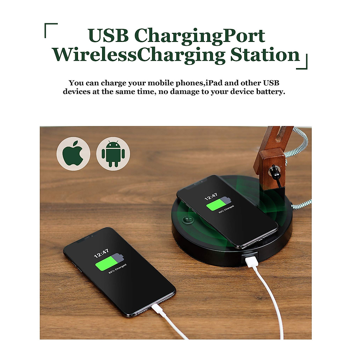 ELYONA Sapele Wood Desk Lamp with Wireless Charging & USB Port, Swing Arm, LED Bedside Table Lamp for Bedroom, Adjustable Reading Task Lights for Dorm, Office, Living Room, 5W Bulb Included, Black