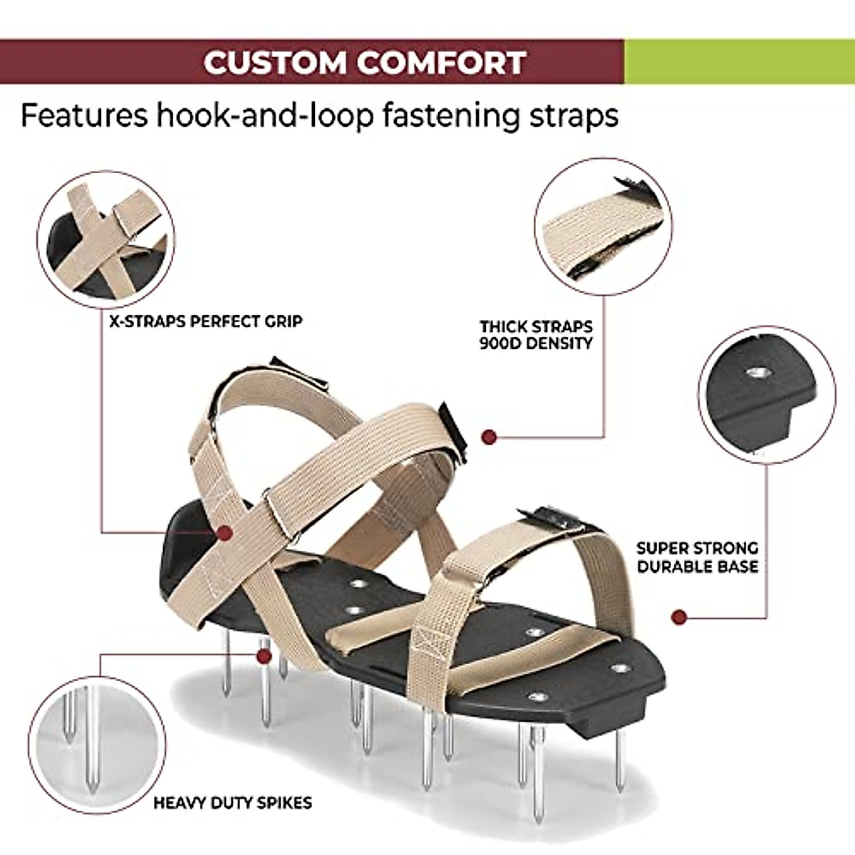 PLANTNOMICS Lawn Aerator Shoes with Hook-and-Loop Straps, User Manual, Wrench – Pre-Assembled, Fully Adjustable, One-Size-Fits-All – Lawn and Garden Tool Reduces Thatch, Revives Soil Health, Camel