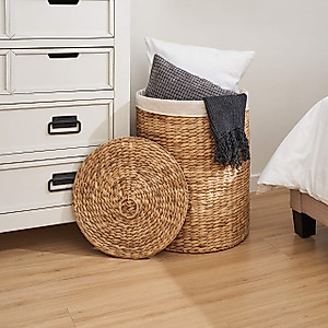 Round Woven Wicker Laundry Hamper with Lid - Large Water Hyacinth Storage Wicker (Natural Brown, 15"L x 15"L x 20"H)