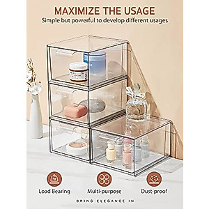 Syntus 4 Piece Set Stackable Makeup Organizer Drawers, 4.4'' Tall Acrylic Bathroom Storage Drawer, Plastic Cosmetics Storage Box for Vanity, Undersink, Skincare, Kitchen Cabinets, Pantry Organization