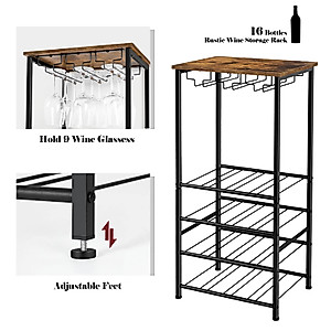 Wine Rack Freestanding Floor, Rustic Wine Holder Stand with Wine Storage and Bottle Shelf, 16 Bottles Floor Wine Rack Shelf for Kitchen Dining Room, Office, Bar, Rustic Brown