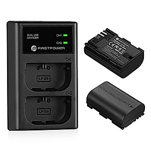 FirstPower LP-E6 LP-E6N Batteries and Dual USB Charger Compatible with Canon EOS 5D Mark II III IV, 5DS, 5DS R, 6D, 6D Mark II, 7D, 7D Mark II, 60D, 70D, 80D, 90D, R, R5, C700, XC10, XC15
