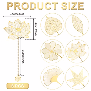 6pcs Metal Leaf Bookmarks, Hollow Metal Bookmarks with Chain or Pendant Bookmarks Metal for Book Lovers Men Women