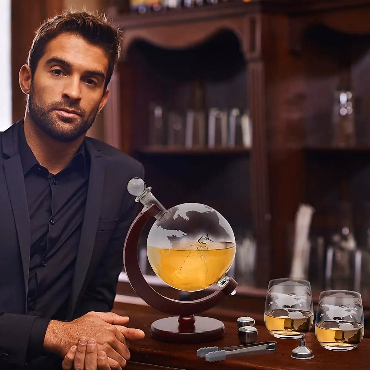 Whiskey Decanter Set, Etched World Globe, Crafted Glass Sailing Shipe, 1000ml Capacity, Ice Tongs, Whiskey Stones, Home Bar Liquor Decoration, Alcohol Gifts for Father& Husband