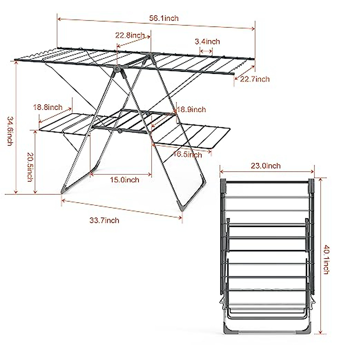 Bigzzia Clothes Drying Rack, 2-Level Laundry Drying Rack Collapsible, Free-Standing 56-inch Large Drying Rack, Height-Adjustable Wings, Stainless Steel Drying Rack Clothing Foldable for Indoor Outdoor