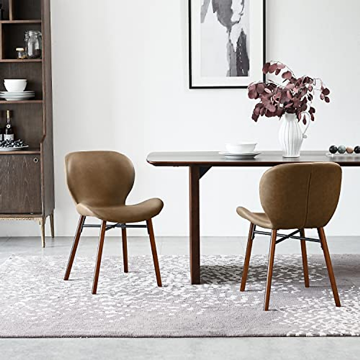 KithKasa Mid Century Modern Dining Chair Set of 2 Faux Leather Side Chair with Walnut Color Wood Legs for Kitchen Dining Room, Brown