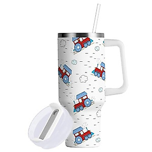 Caikeny Insulated Tumblers with Lid and Straw Cute Hand Drawn Seamless Pattern with Cartoon Trains 40 oz Reusable Stainless Steel Cup Water Bottle Coffee Travel Tumbler Mug for Women Men