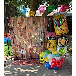 Leowefowa Back to School Backdrop 5x7ft Vinyl Photography Backdrops Hand Painted Pencils House Books on Vintage Retro Stripes Wood Floor Background Baby Kids Children Photo Studio Props