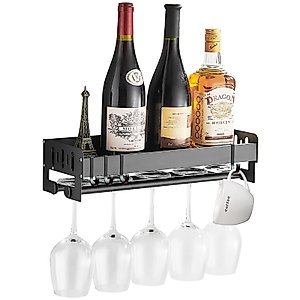 SIMVE Wine Rack Wall Mounted and Glass Holder Modern 15.7 Inch Bottle Floating Shelf with Stemware Hanger Metal Glassware Drying Storage Hanging Organizer for Home Bar Black