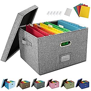 JSungo File Box with 5 Hanging Filing Folders, Document Organizer Storage for Office, Collapsible Linen Storage Box with Lids, Home Portable Storage with Handle, Letter Size Legal Folder, Grey