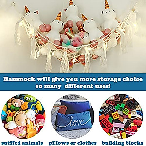 2 Pack Stuffed Animal Net or Hammock with Led Light stuffed animal hammock Boho Plush Stuffed Animal Holder Hanging Storage Nets Kids Bedroom, 45" x 45" x 60", White