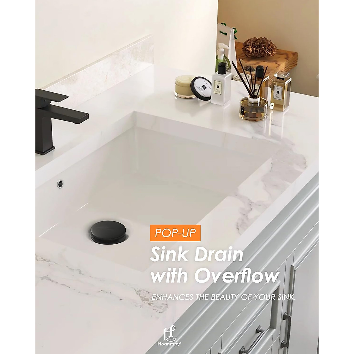 Matte Black ABS Pop Up Sink Drain with Overflow for Bathroom Vessel Sink Lavatory Vanity Bathroom Sink Drains-Easy Installation- Leakage Proofing, Amatte Black