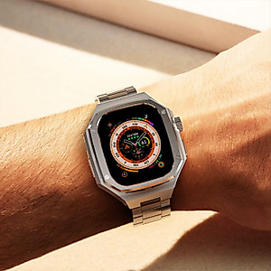 Luxury Aluminum Case with Stainless Steel Band for Apple Watch Ultra/Ultra 2 Titanium 49mm, Rugged Metal Military Protective Cover Protector, Tactical Heavy Duty Protection for Men iWatch, Silver