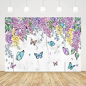 ABLIN 7x5ft Spring Butterfly Photography Backdrop for Birthday Baby Shower Party Decorations Purple Flowers Wood Background Wedding Photo Backdrop Shoot Props (CQ236)