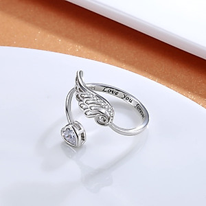 Birthstone Wing Rings Sterling Silver Adjustable Feather Heart Month Stone Wrap Ring Jewelry Gift for Women Engrave Love you forever (Apr)