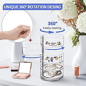 Clear Plastic Small Jewelry Organizer, 5-Layers Rotatable Jewelry Storage Box with Lid for Hair Accessories & Beauty Supplies Earrings Necklaces Bracelets (Clear-5-Layers)
