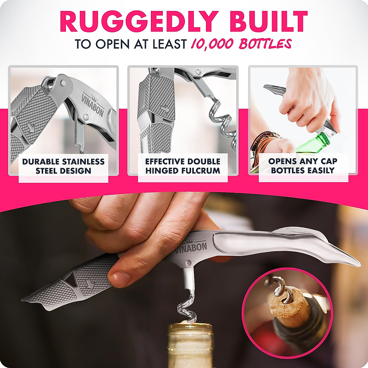 VINABON Waiters Corkscrew Wine Opener - Professional Quality 3-in-1 Stainless Steel Wine Key with Beer Opener for Servers and Bartenders - Manual Simple Wine Bottle Opener. Includes WineGuide Ebook