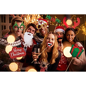 Glitter Christmas Photo Booth Props Kit - 25 Count Large Photography Party Decorations Gifts, Fun Santa Elfie Selfie Posing Signs DIY Craft Backdrop Accessories for Birthday New Year Holiday