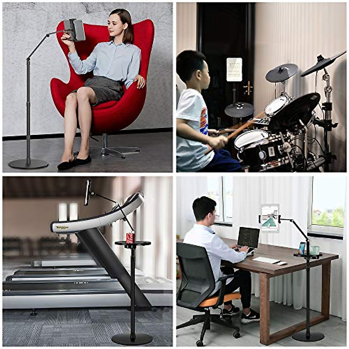 MagicHold Adjustable Metal Tablet Phone Stand Mount Holder Compatible with Ipad Pro, Ipad Air.ipad Mini,iPhone,Great for Office/Bed/Zoom/Netflix (Built in Cup/Phone Tray) (Black)