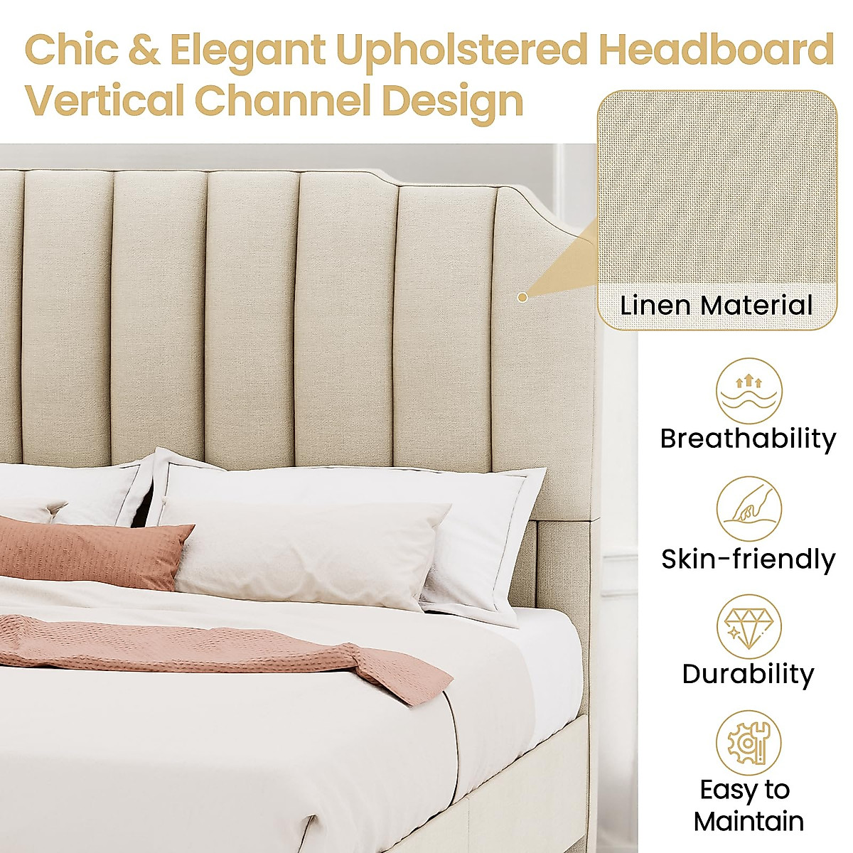 HALLYBEE 50.4" H Queen Bed Frame with Headboard Linen Fabric Platform Bed Frame Queen Size, Chic and Elegant Upholstered Bed Frame Queen, Bedframe No Box Spring Needed, Mattress Foundation, Beige