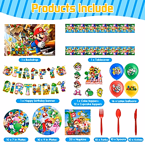 104 PCS Marrio Birthday Party Supplies, Cute Marrio Birthday Party Decorations with Marrio Birthday Plates, Birthday Banner, Balloons, Knives, Forks, Spoons, Napkins, Backdrop, Tablecloth, Cake Topper