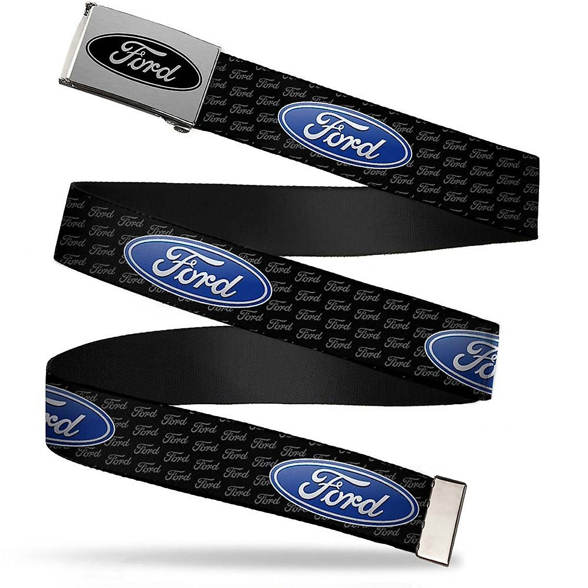 Buckle-Down Ford Oval Logo Brushed Silver/Black - 1.25" CAM Chrome - Ford Oval REPEAT w/Text Webbing
