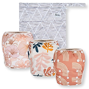Reusable Swim Diapers and Wet Bag - One Size Fully Adjustable - Tropical 3 Pack with Wet Bag by Nora's Nursery