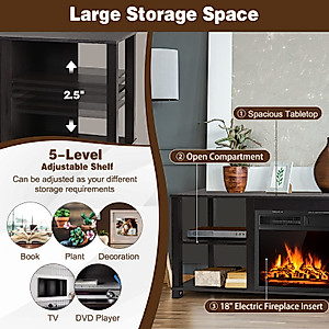 Tangkula Fireplace TV Stand for 65 inches TV, with 18 inches 1500W Recessed Electric Fireplace with 7 Flame Setting & Remote Control,Faux Fireplace TV Stand