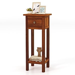 Giantex Narrow End Table with Drawer, Tall Acacia Wood Side Table with Bottom Shelf, Modern Bedside Tables, 2-Tier Nightstand for Small Spaces Bedroom Living Room, No Assemble Required, Brown