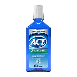 ACT Restoring Fluoride Mouthwash 33.8 fl. oz. Strengthens Tooth Enamel, Cool Mint