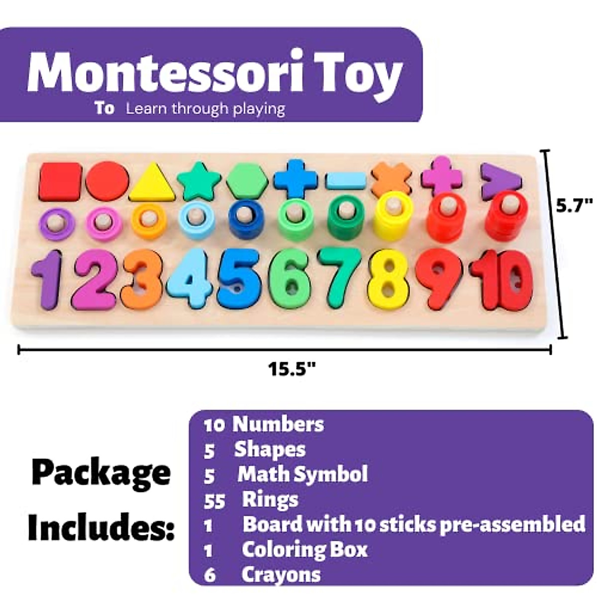 BEKILOLE Wooden Montessori Toys for Kids Toddler Number Puzzles Sorter Counting Shape Stacker Stacking Game Preschool Toys for Boy Girl Learning Education Math Blocks 3+ Year Old Girl Gifts