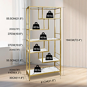 AT-VALY 6 Tier Bookcase Bookshelf, 72.4”Tall Modern Freestanding Bookshelf with 6 Shelves, Faux Marble Open Display Storage Book Shelves for Living Room Bedroom Home Office (Gold)