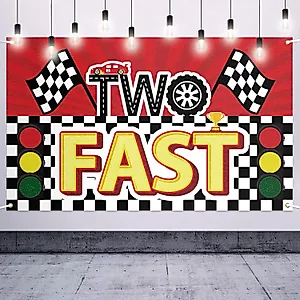 LASKYER Racing Car Two Fast Large Banner - Cheers to 2nd Birthday Home Wall Photoprop Backdrop,2nd Birthday Party Decorations.